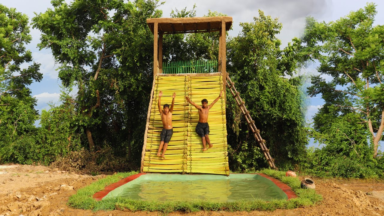 How To Build Swimming Pool , Mud house And Palm Trees Twin Water Slide ...
