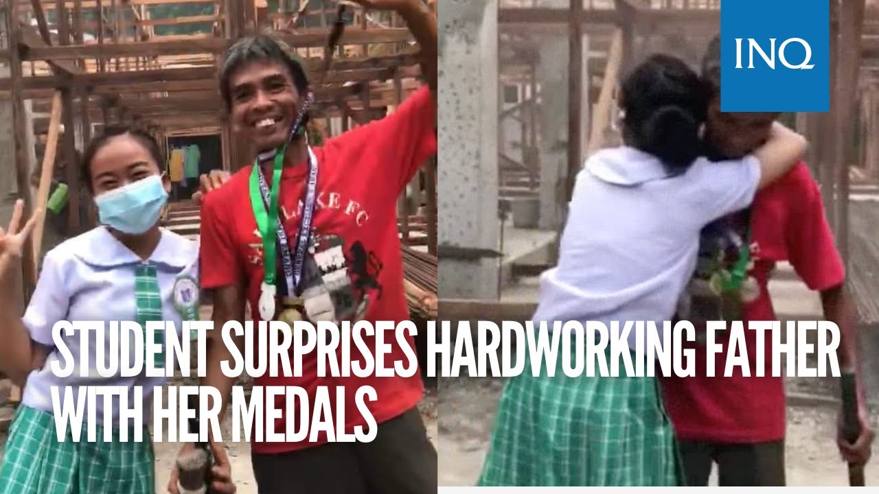 Student surprises hardworking father with her medals - YouTube