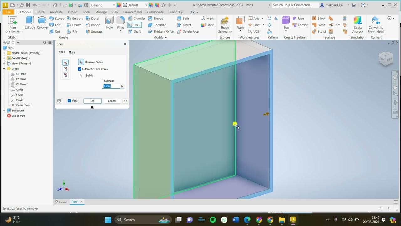 Langkah Menggunakan Tool Shell pada Autodesk Inventor 2024 - YouTube