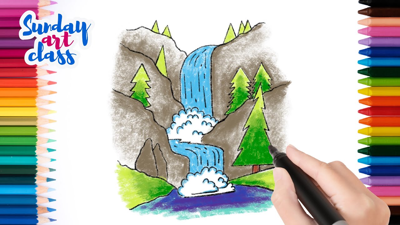 Waterfall Drawing - Draw for Kids | Sunday Art Class - YouTube