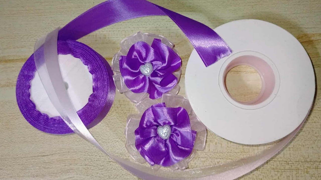 DIY Purple Easy Ribbon Flower Making Satin with Lace - YouTube
