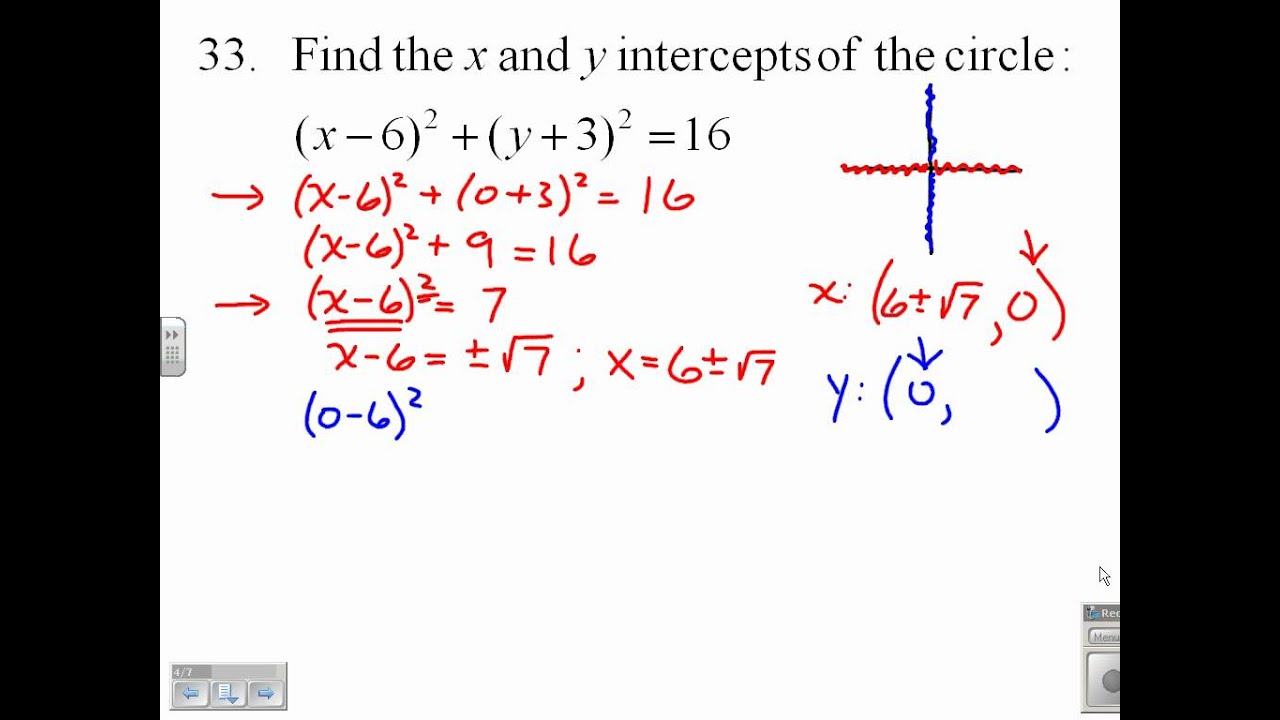 Find The X And Y Intercepts Of A Circle 9 1 33 YouTube