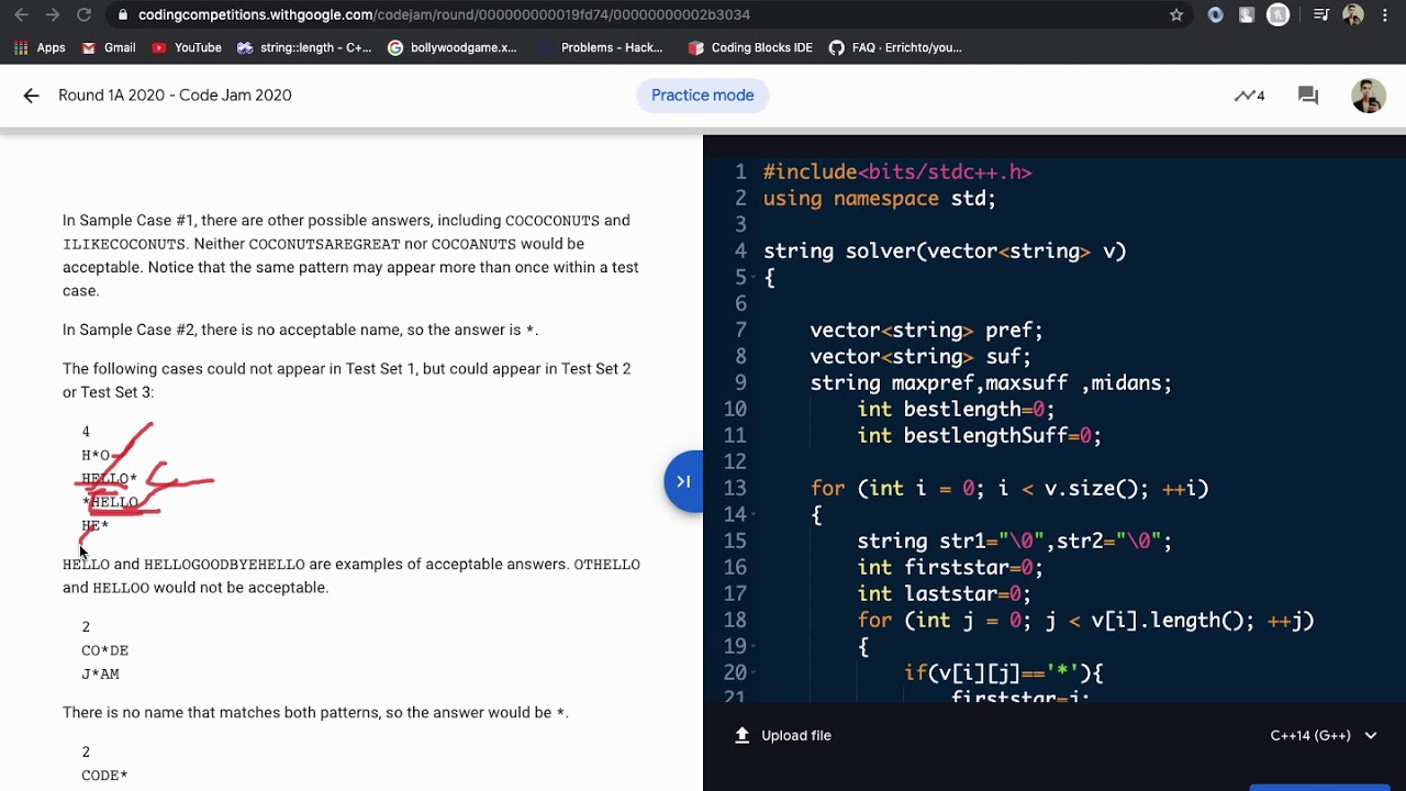 Codejam 2020 || Round1 A || Pattern matching - YouTube