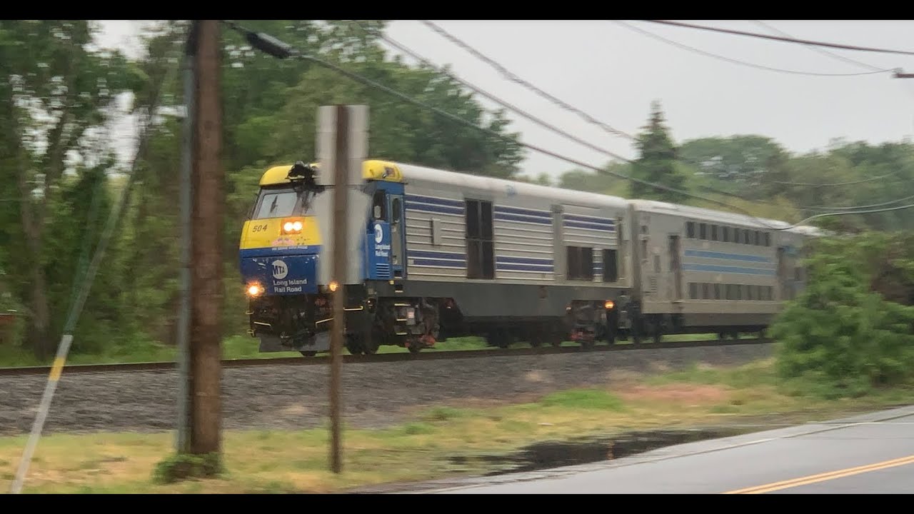 LIRR DM30AC #504 leads 8715 and roars through Center Moriches with its destructive K5LLA horn ...