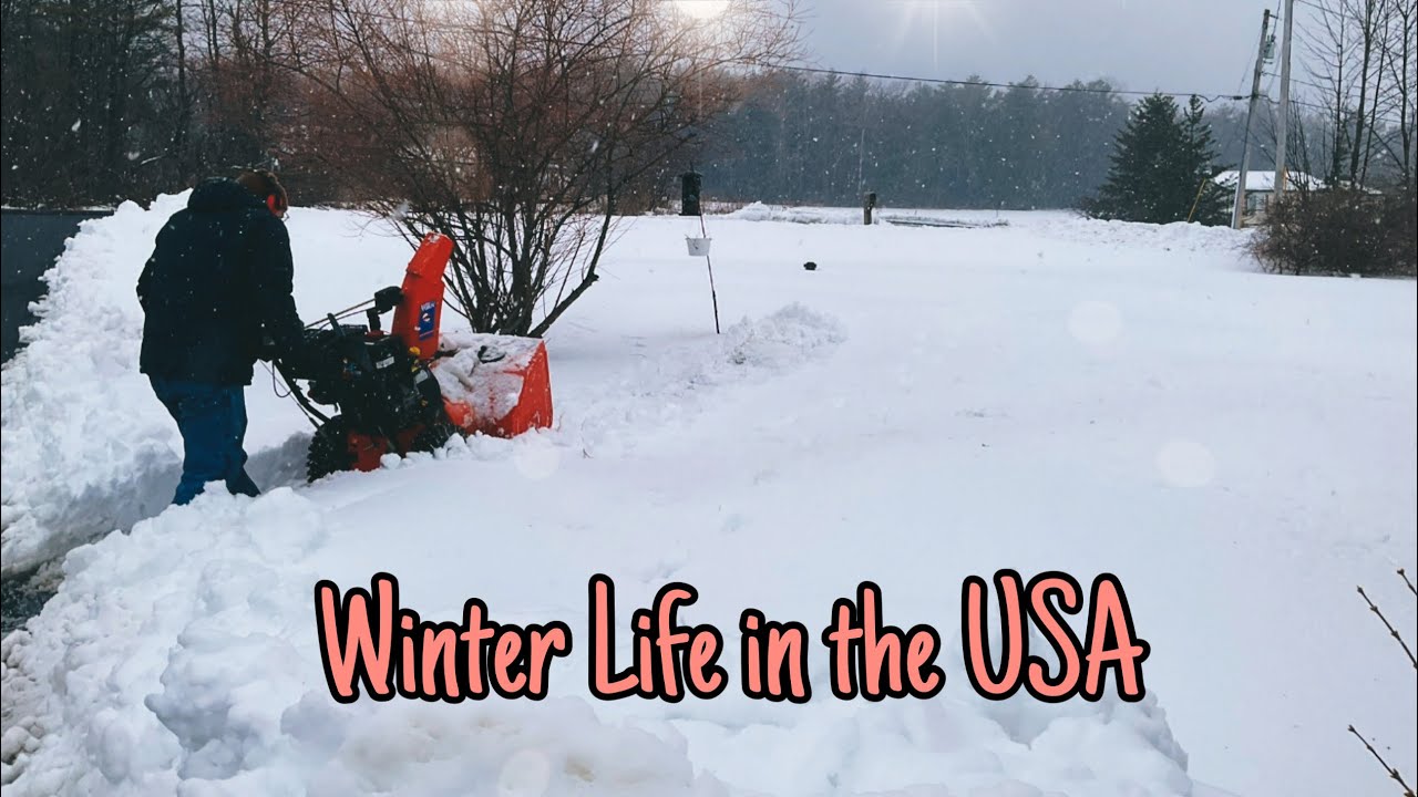 Countryside Winter Life in Upstate New York, USA Snow blowing after a ...