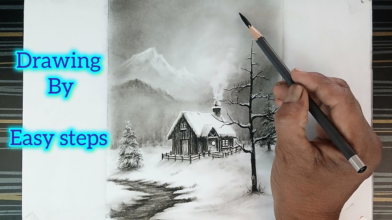 How to draw winter nature landscape real time, snowy cottage, snowy ...