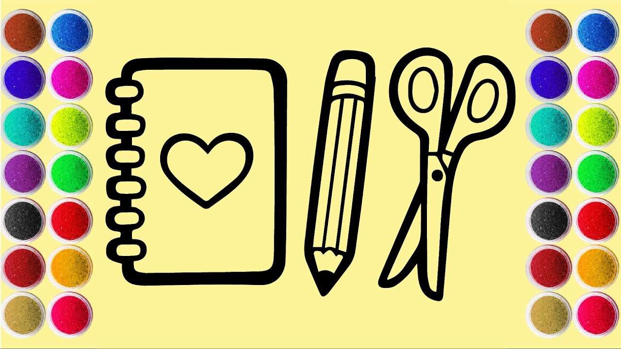 Coloring Stationery Such as Books, Pencils, Scissors Colorful Using ...