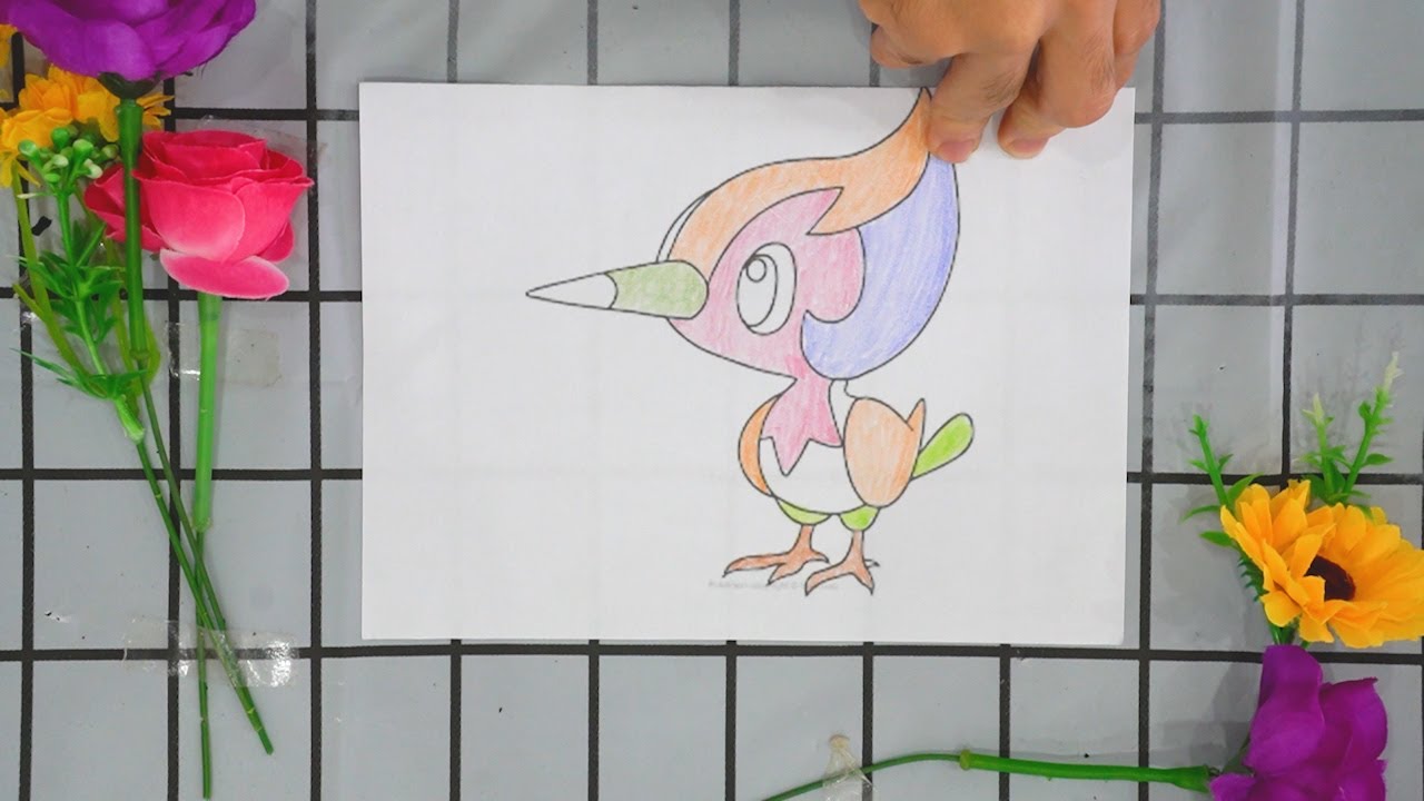 Coloring a bird-shaped Pokemon with a long, pointed beak - YouTube