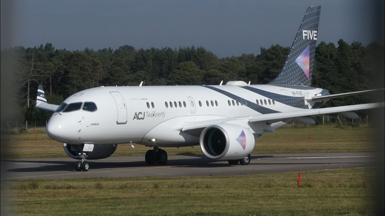 The Worlds First Private Airbus A220 ACJ (9H-FIVE) Close Up Departure from Farnborough - YouTube