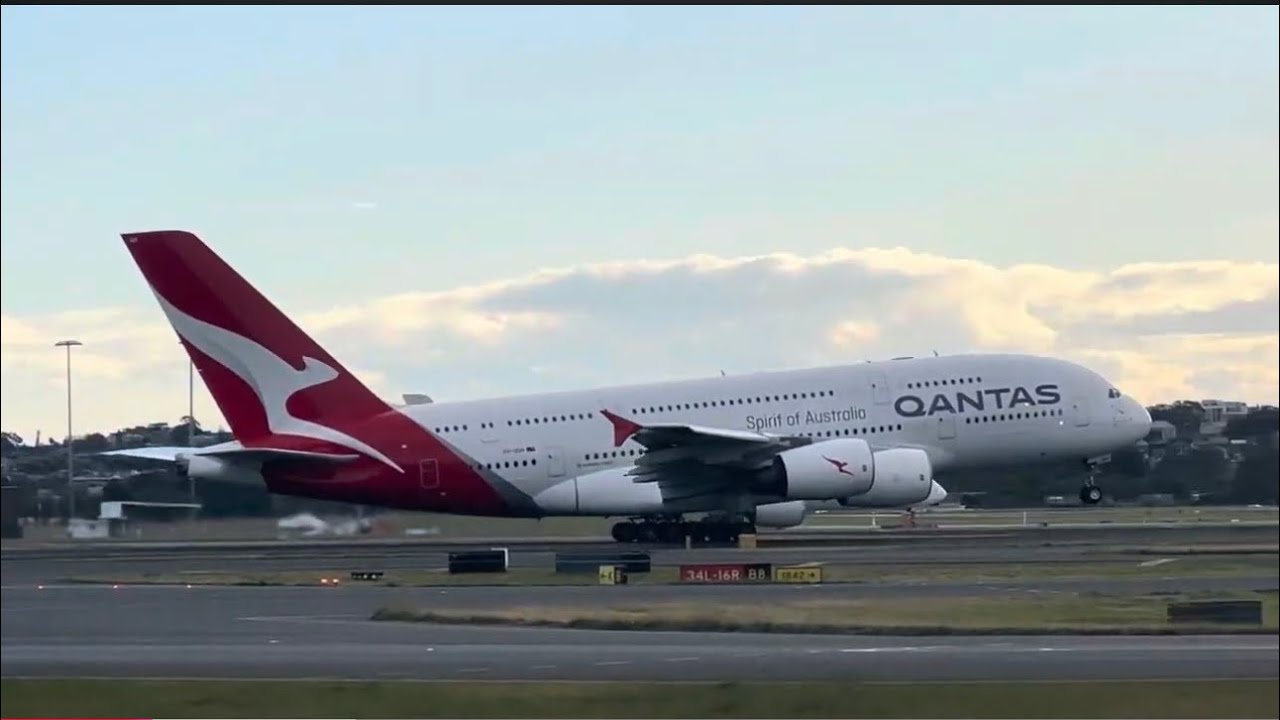 Qantas A380-841 (QF1) departure from Sydney on runway 34L - YouTube