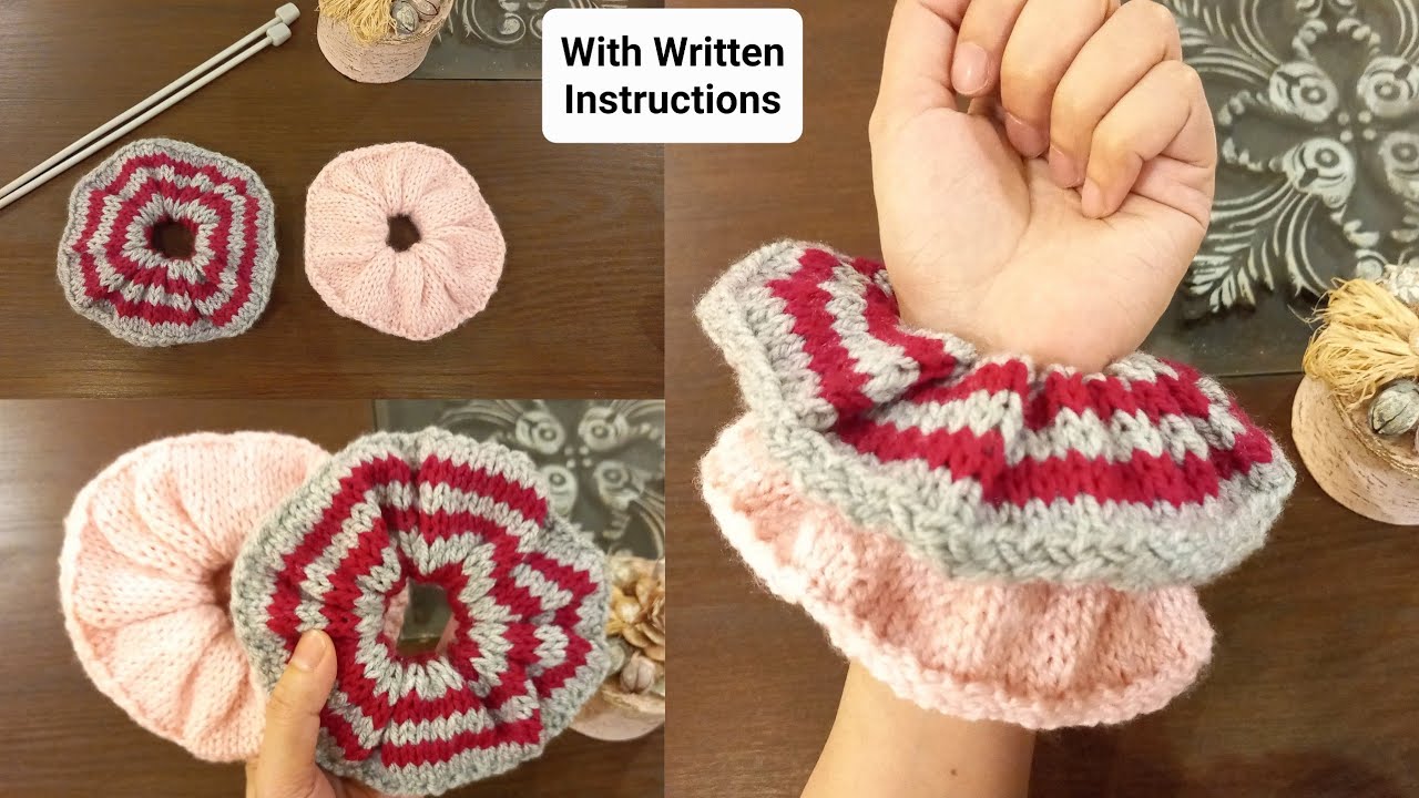 KNITTED SCRUNCHIES | DIY, Tutorial step-by-step for beginners | knitting hair band easy method ...