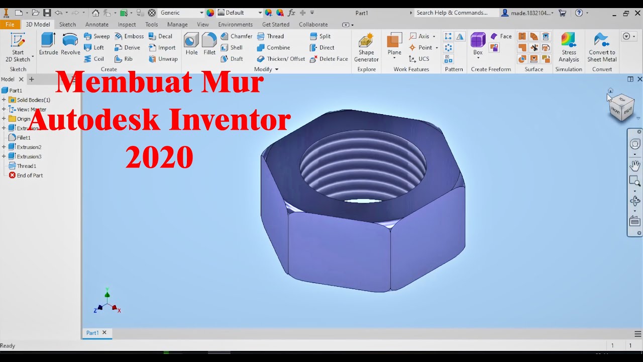 Cara Membuat Mur/Nut Menggunakan Autodesk Inventor - YouTube