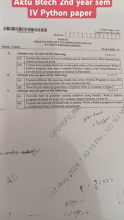 Aktu btech 2nd year sem IV| Python paper 2023-2024 #aktu #btech #python - YouTube