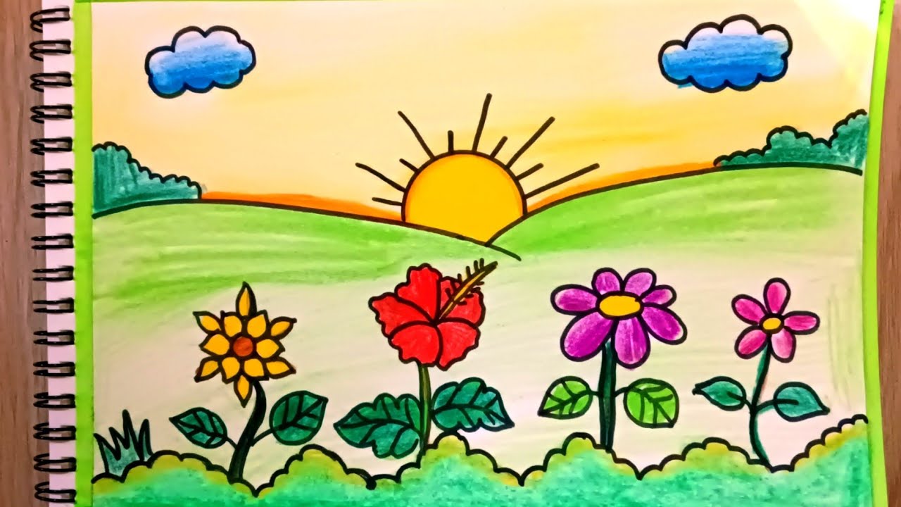 beautiful spring 🌼 season drawing || sun drawing with lovely scenary ...
