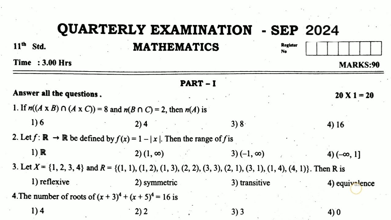 11th Maths quarterly exam original question paper 2024 - YouTube