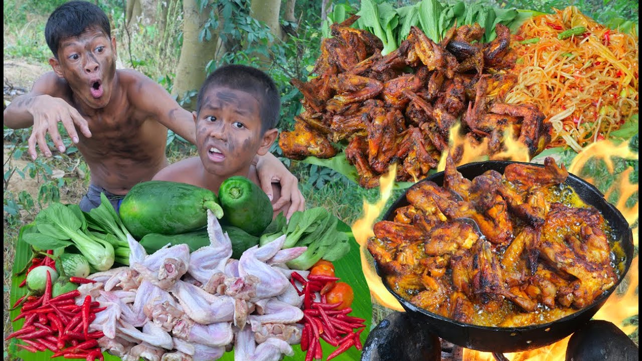Primitive technology - Chicken wing cooking for food - Eating show ...
