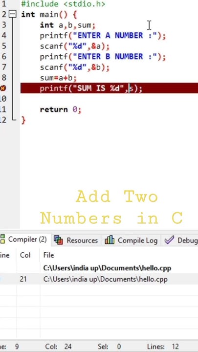 Add Two Numbers in c language simple program #shorts #shortvideo #coding - YouTube