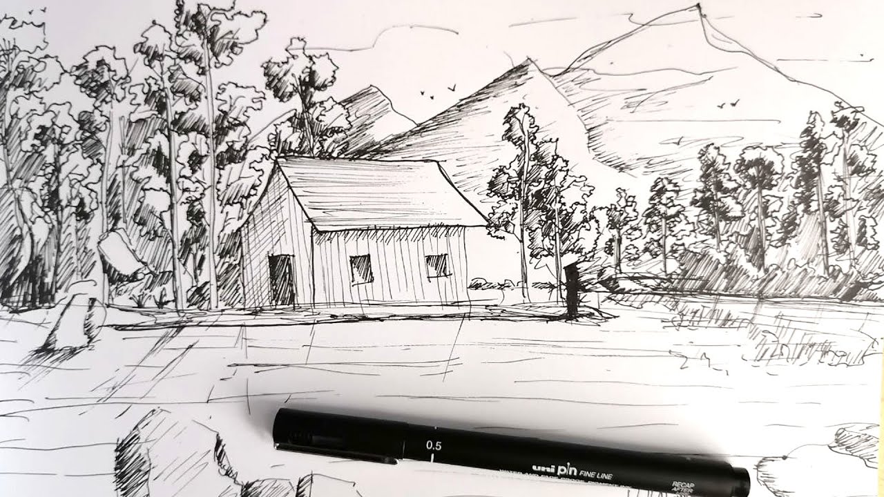 how to Draw a landscape by pen - YouTube