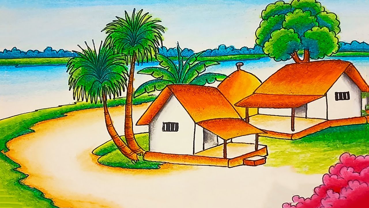 How to draw easy scenery drawing | village house scenery | village ...