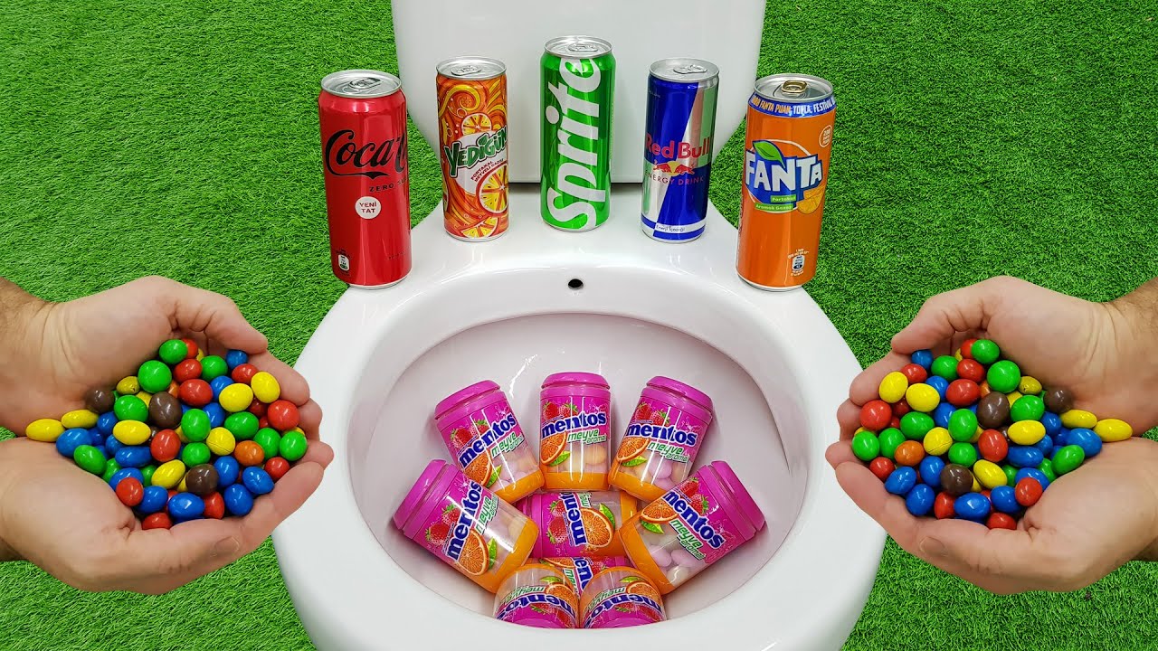 Big M&M Candy eruption from holes toilet, Coca Cola, Sprite, Fanta, Red ...