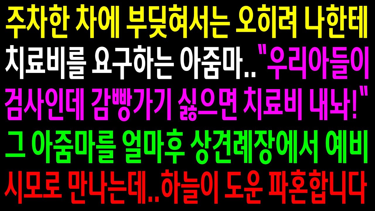 실화사연주차한 차에 부딪혀서는 오히려 나한테 치료비를 요구하는 아줌마얼마 후 상견례에서 예비시모로 만나게 되는데하늘이 도운 파혼합니다 신청사연 사이다썰 사연