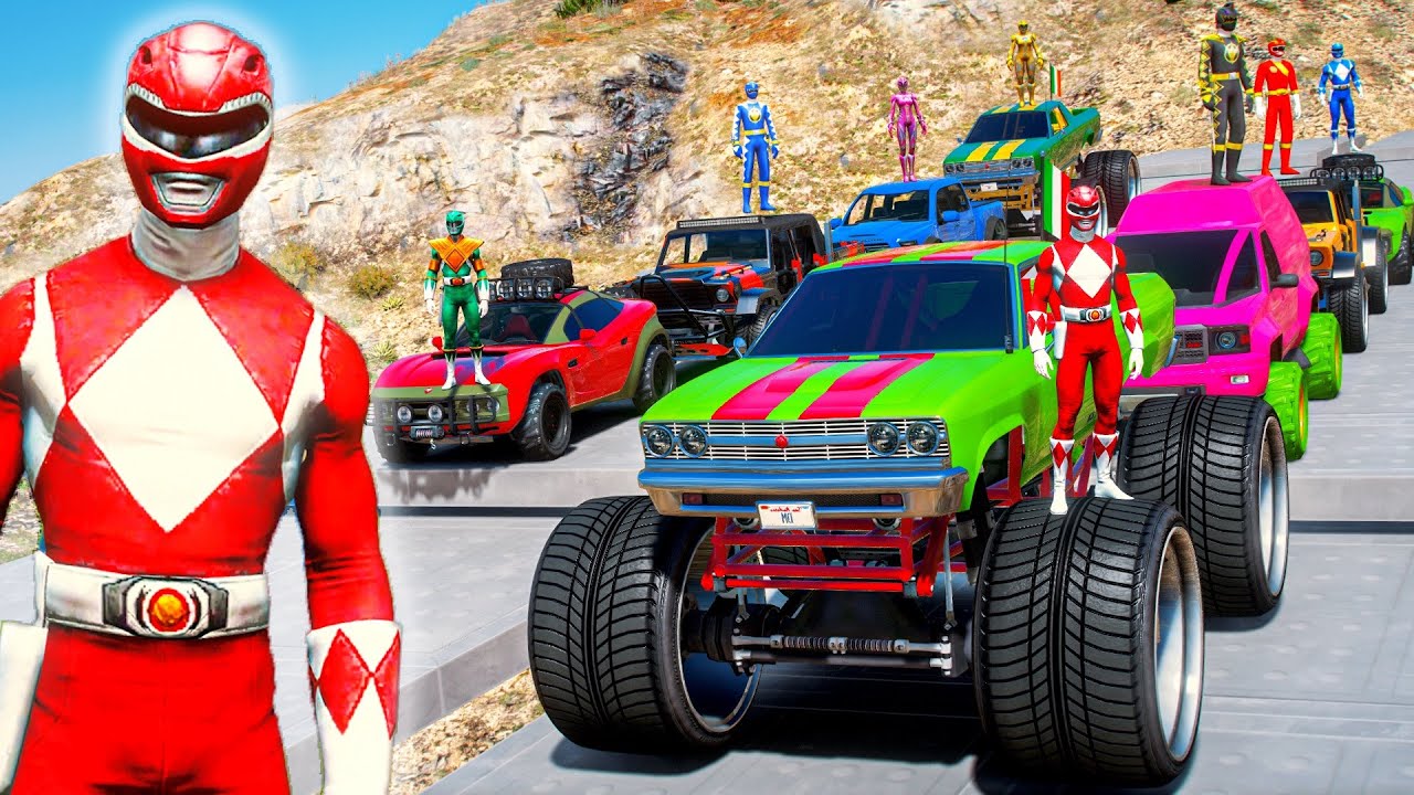 POWER RANGERS TEAM With Monster Truck CARS SUPERHEROES JUMP Challenge ...