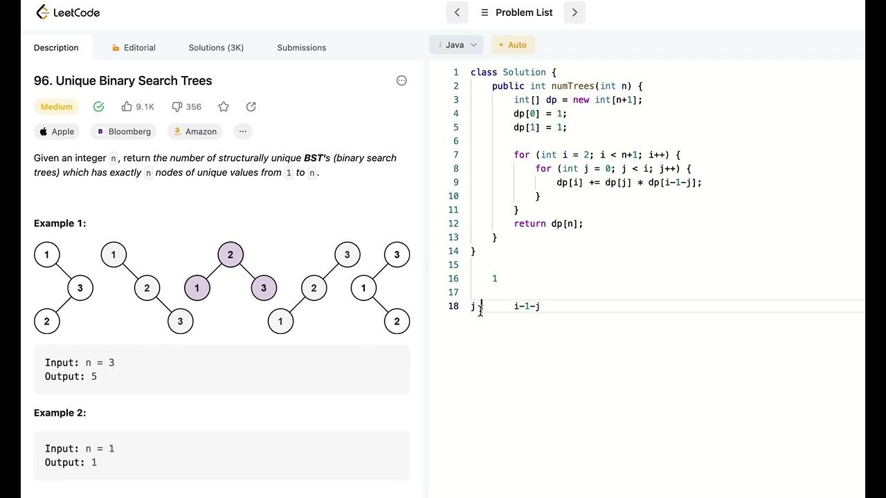 Leetcode 96 Unique Binary Search Trees 中文解题思路 Java Binarysearchtree Dynamicprogramming Youtube