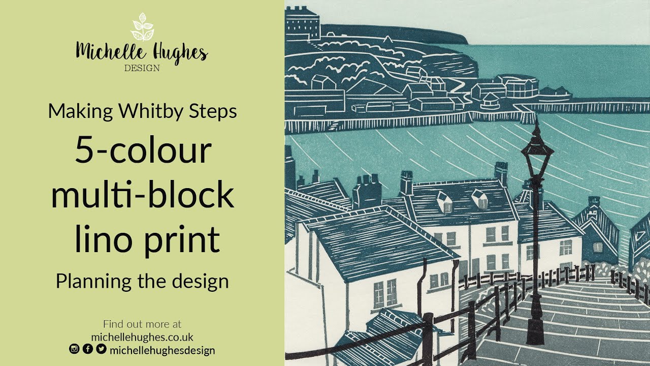 How I plan a multi block linocut design - Whitby Steps linocut print ...