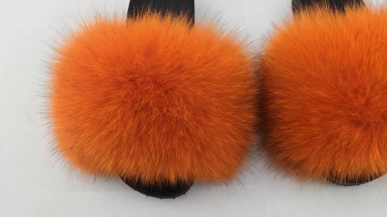 orange fox fur slides for girls - YouTube