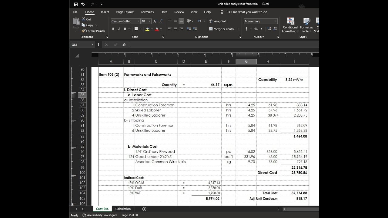 Quantity calculation, Cost estimate, Unit cost analysis... Formworks ...
