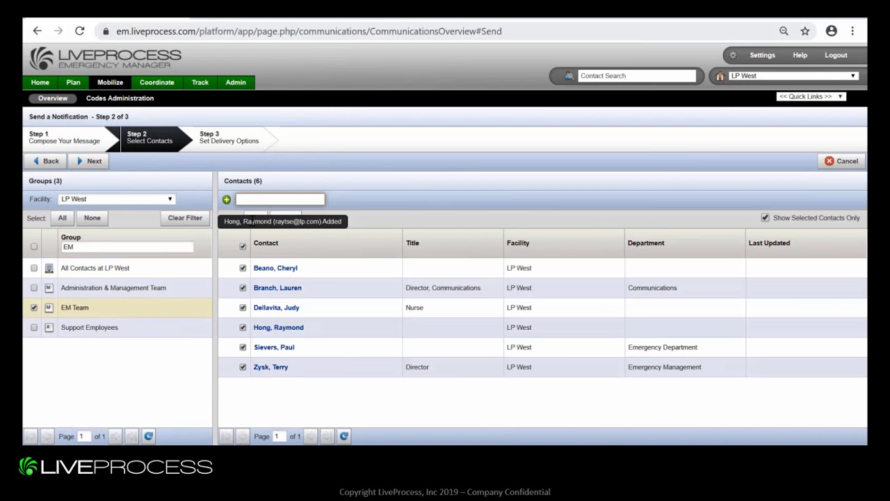 How to Send a Notification with LiveProcess Emergency Manager hospital ...