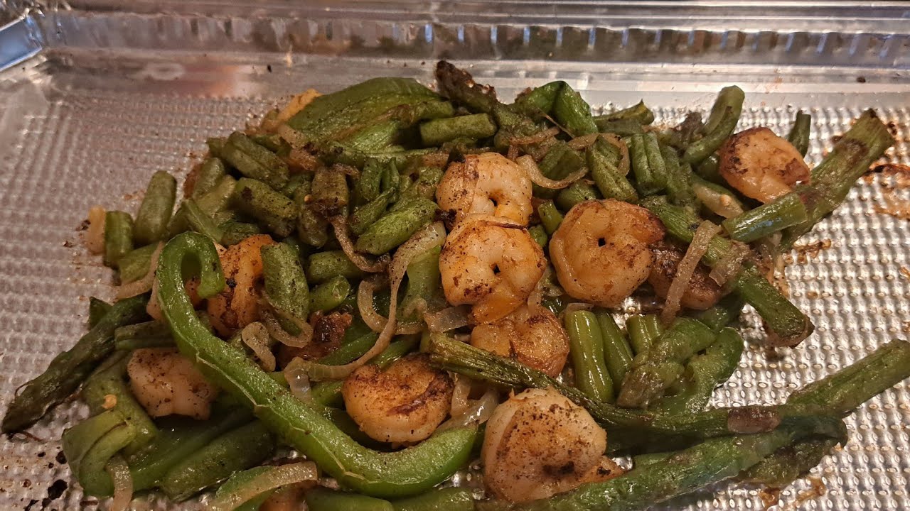 Shrimp & Veggies. Asparagus, green peppers, string beans, onions ...
