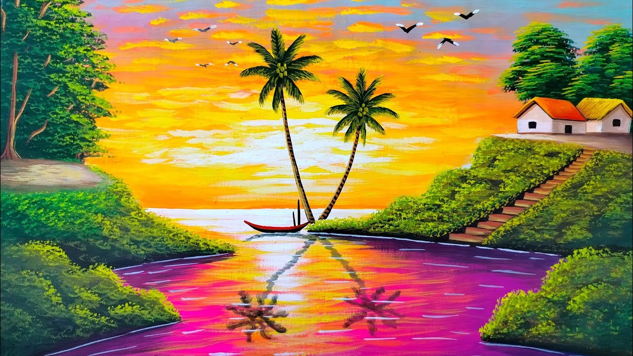 Painting of a beautiful sunset nature | painting 585 - YouTube