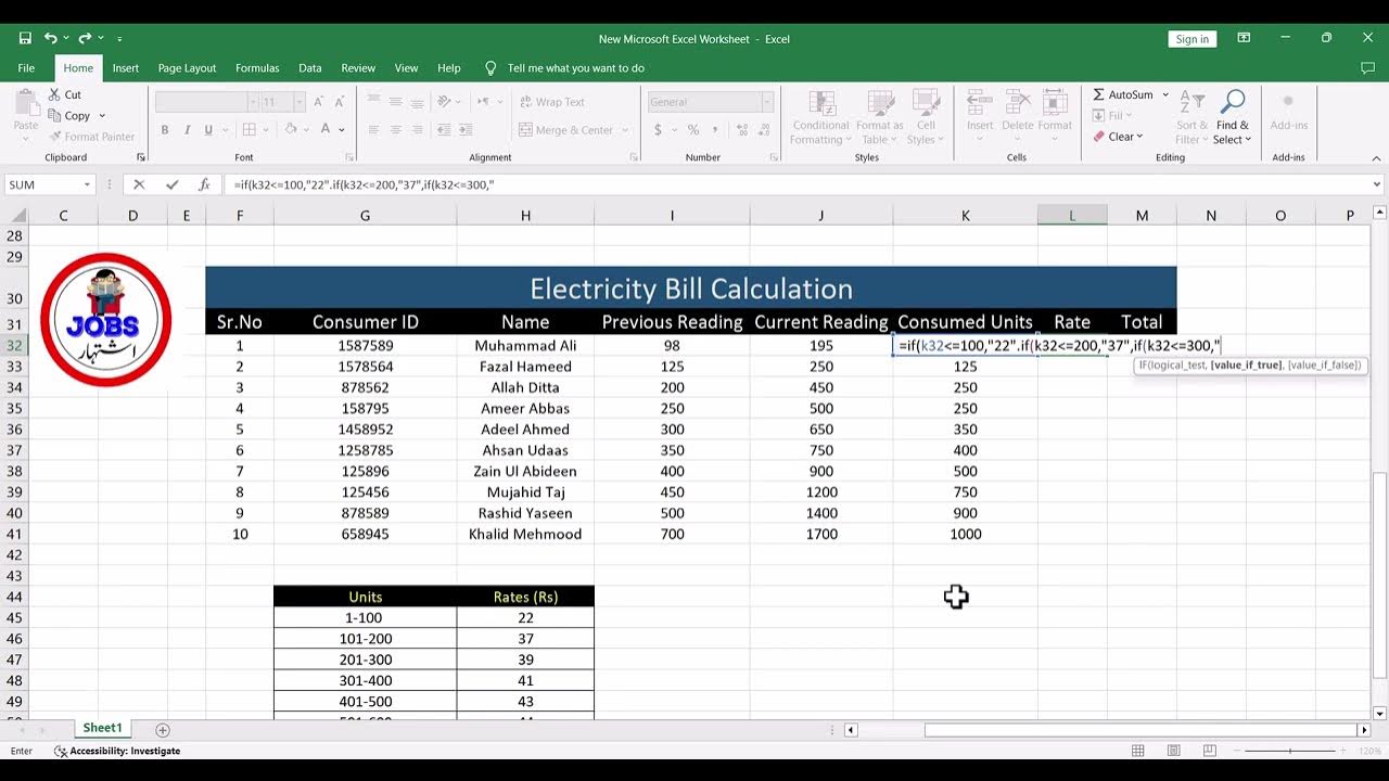 Electricity Bill Calculation Formula in Excel || Excel Me Electricity ...