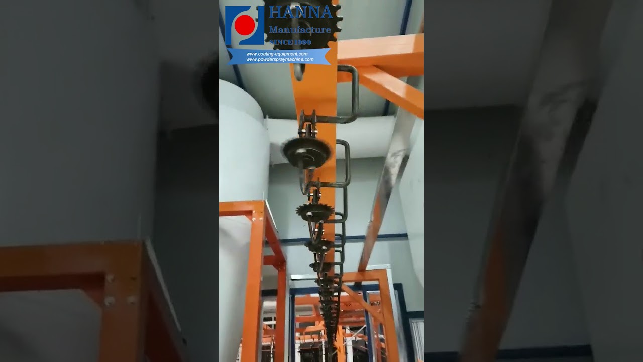 Rotating hangers in powder coating line - YouTube