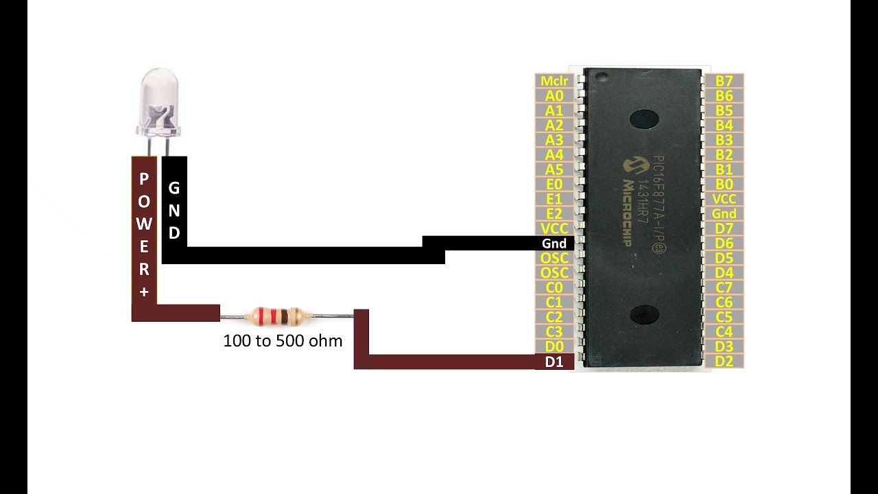 Blinking an LED with a PIC16F877A microcontroller. - YouTube