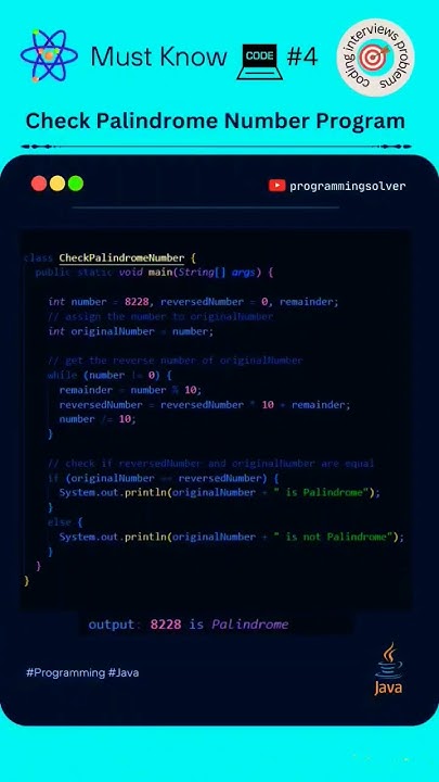 Must Know Check Palindrome Number Program #4 💯 #shorts - YouTube