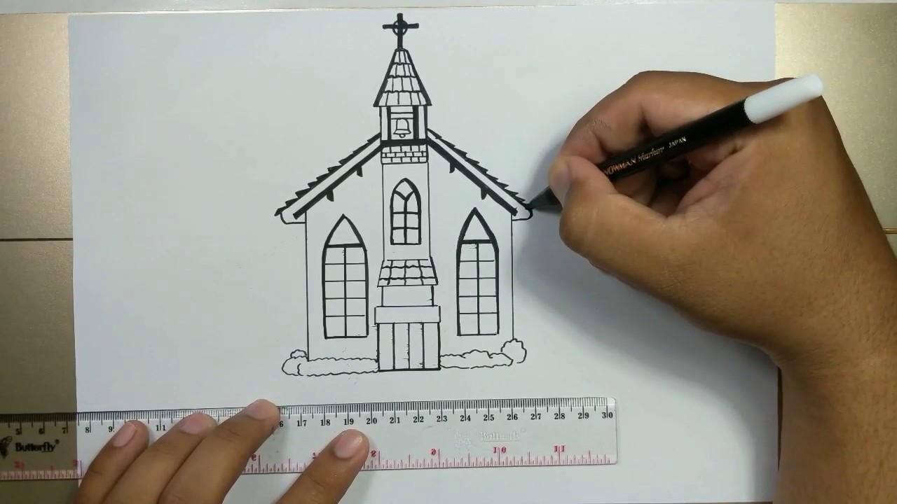 How to draw simple CHURCH step by step - YouTube