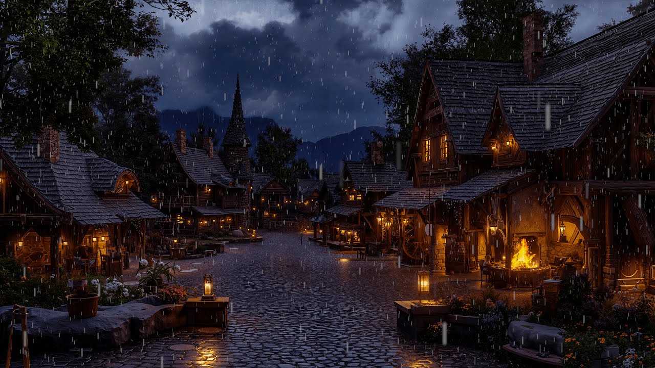 Calm Fantasy Medieval Night Village Ambience | Heavy Rain & Crackling ...