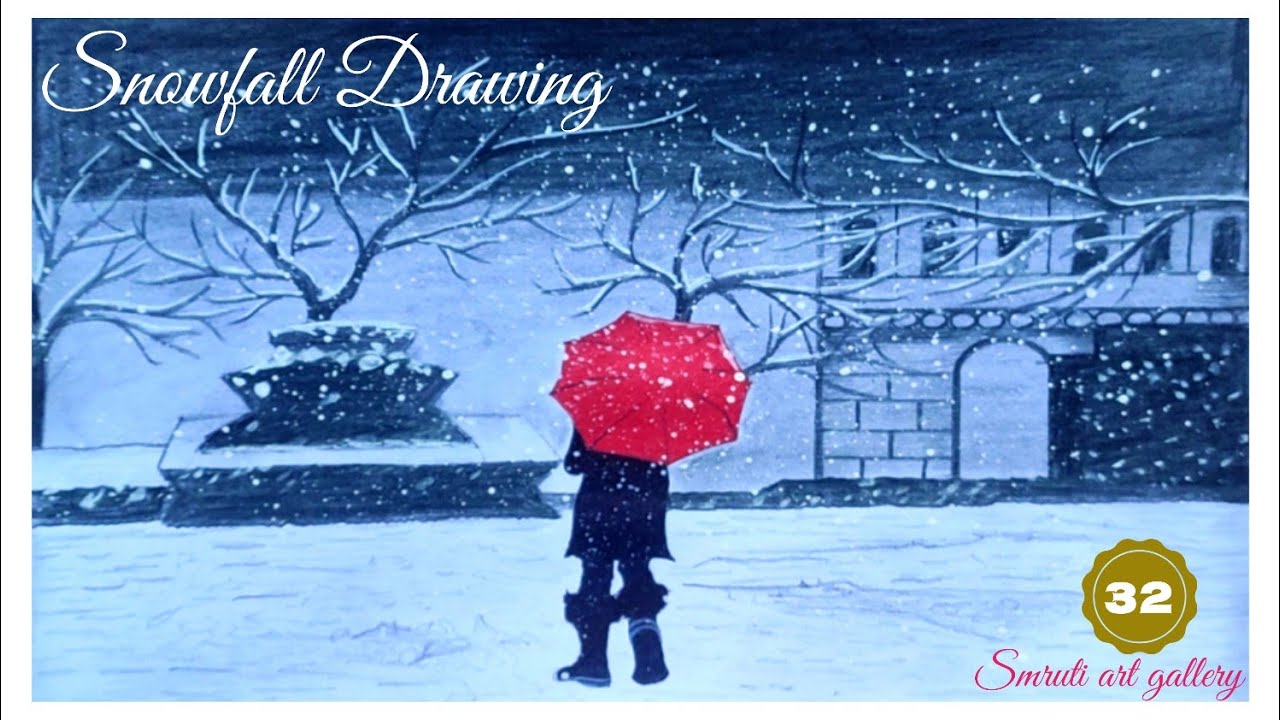 Beautiful Snowfall scenery drawing | A girl walking in snowfall ...