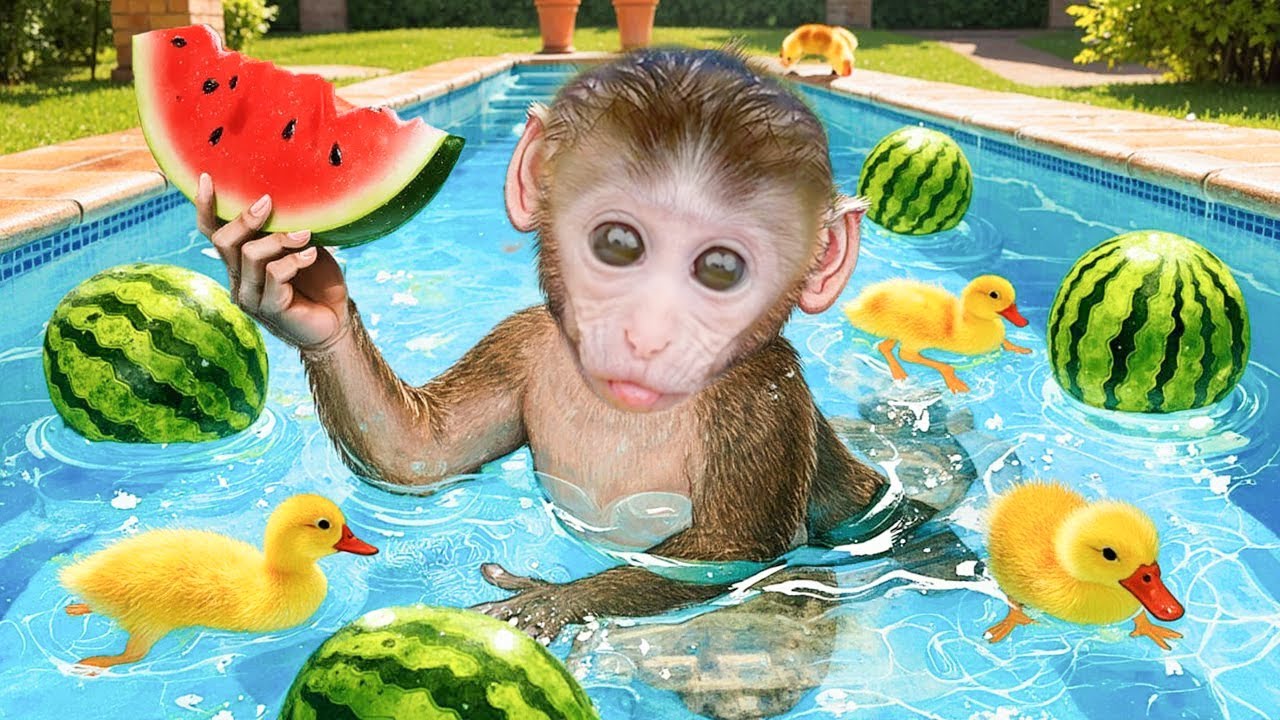 Bebé Mono BoBo hace espaguetis y los come delicioso con un patito lindo ...