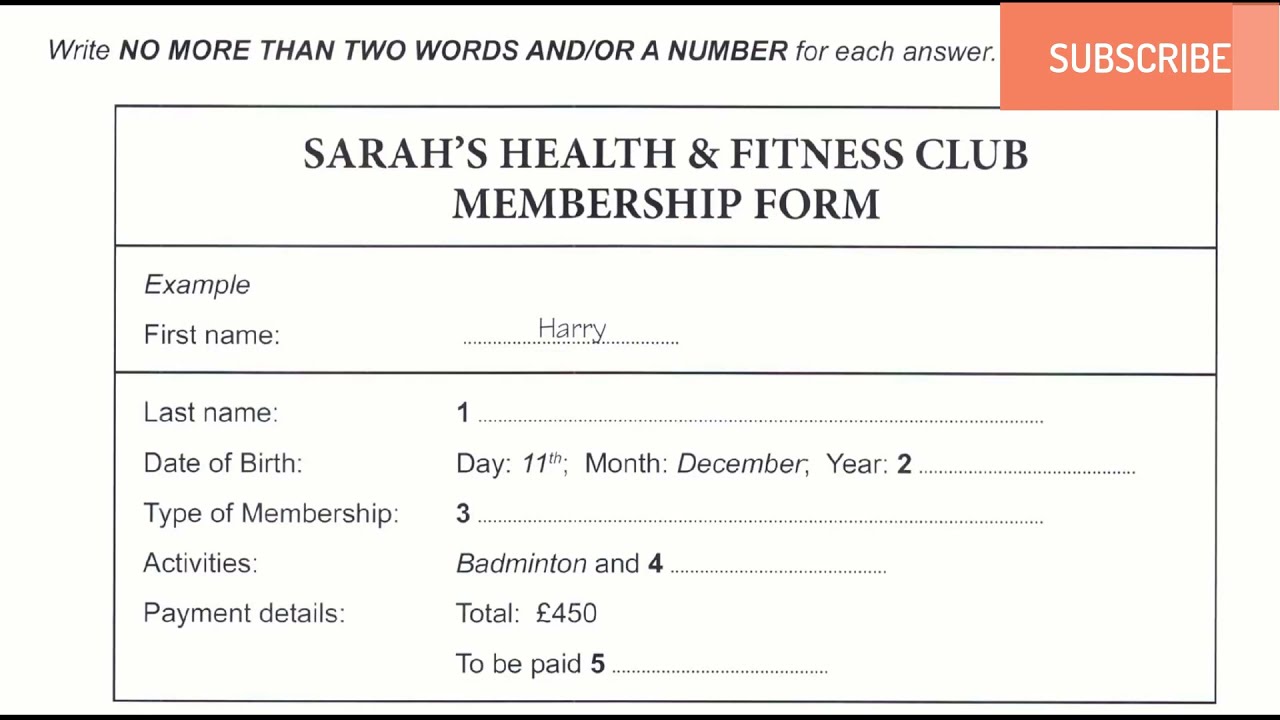 SARAH S HEALTH FITNESS CLUB MEMBERSHIP FORM IELTS LISTENING TEST sarah-s-health-fitness-club-membership-form-ielts-listening-test