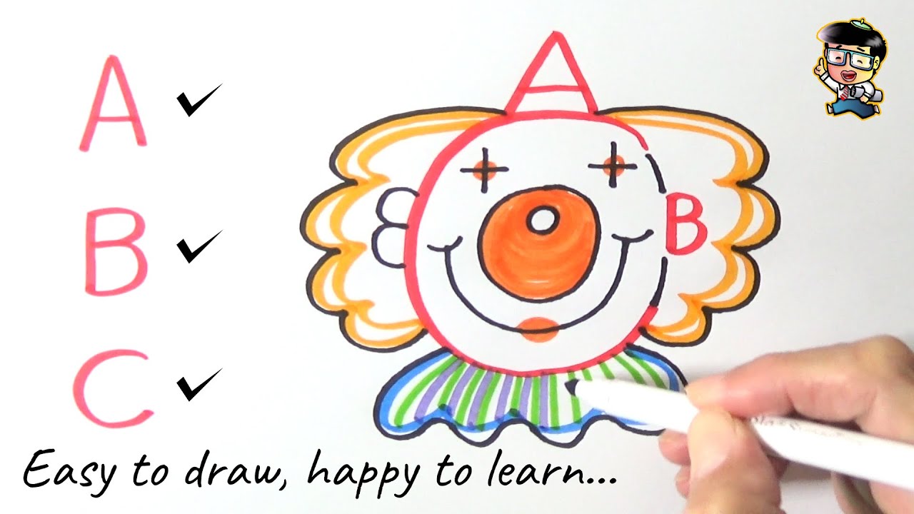 How to easily draw a cute clown from English letters A.B.C. - YouTube