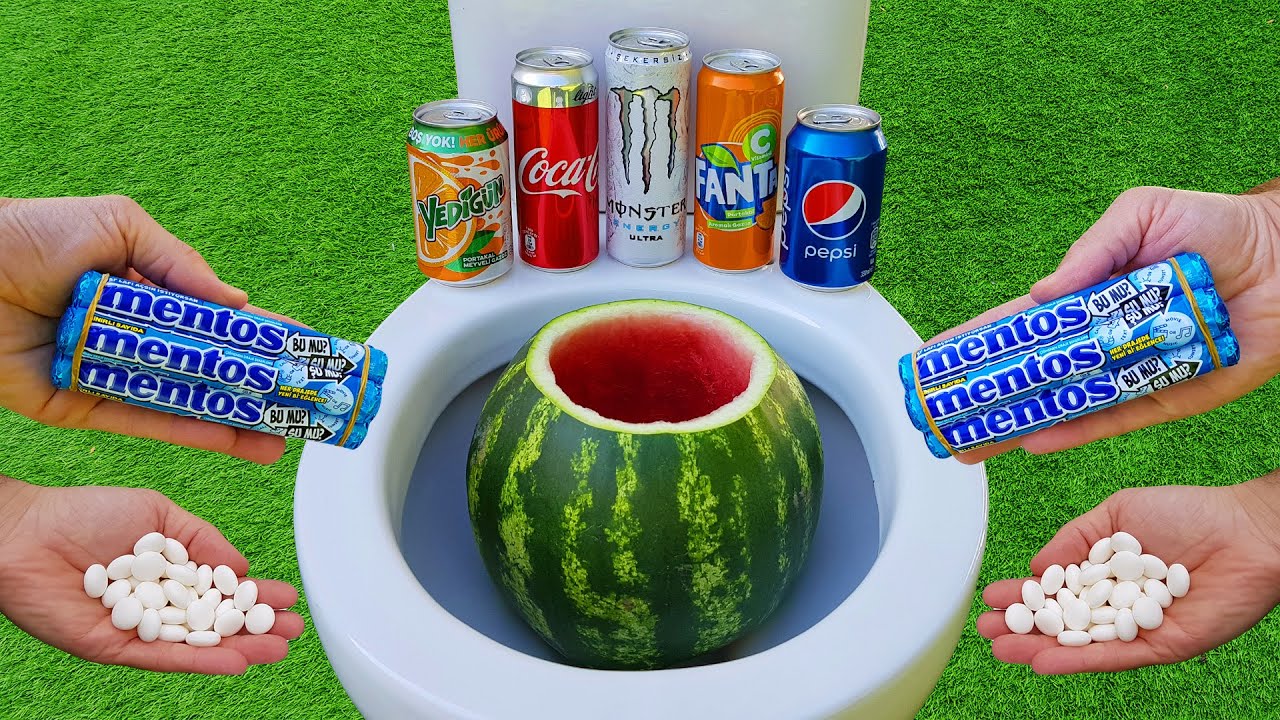 Experiment !! Giant Watermelon eruption from hole, Cola, Monster, Fanta ...
