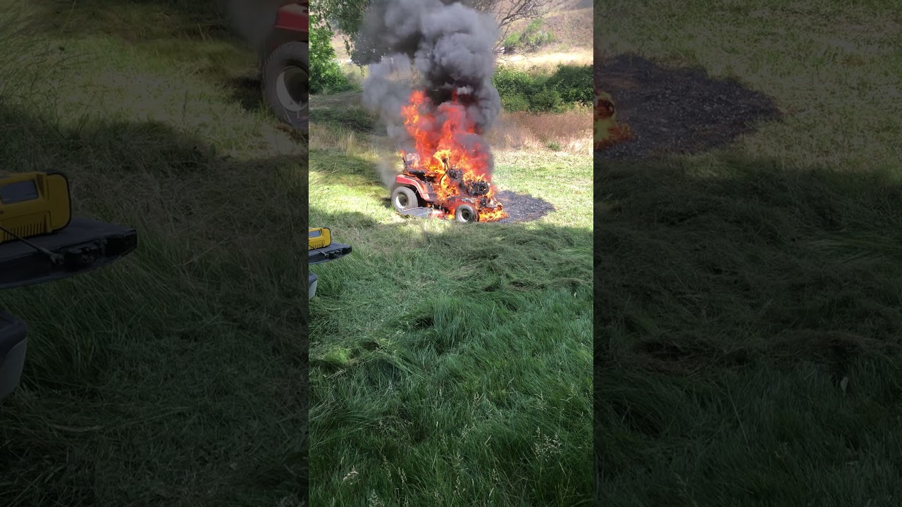 Lawn Mower Bursts Into Flames After Backfiring - YouTube