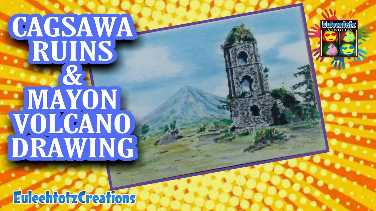 PHILIPPINES CAGSAWA RUINS AND MAYON VOLCANO DRAWING ...