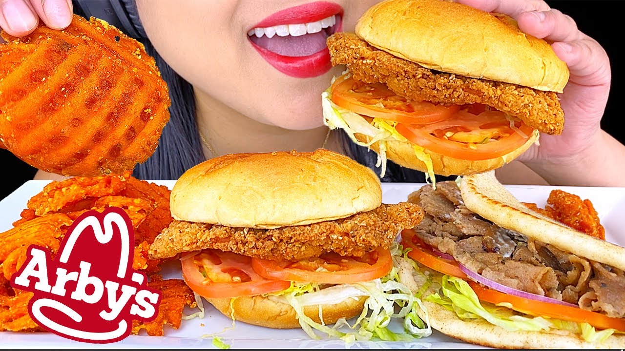 ASMR ARBY'S FRIED CHICKEN SANDWICH & WAFFLE FRIES MUKBANG 먹방 Eating ...