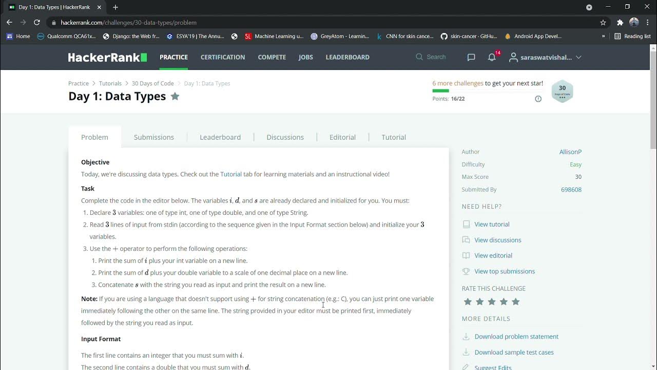 Day 1: Data Types | 30 Days of Code | HackerRank - YouTube