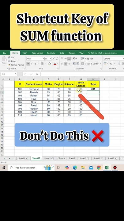 Shortcut Key to Calculate Total Marks (without using sum)🔥#excel #shorts#viral ...