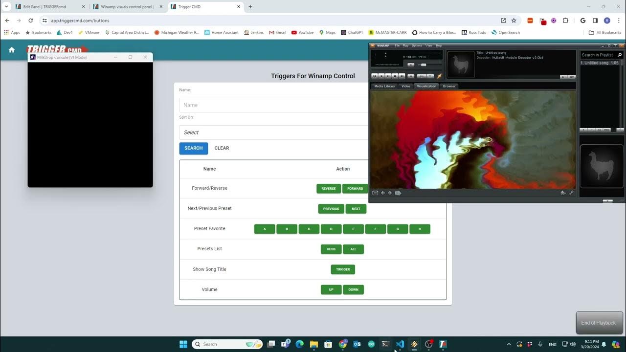 Allow guests to control Winamp visuals using TRIGGERcmd panel - YouTube